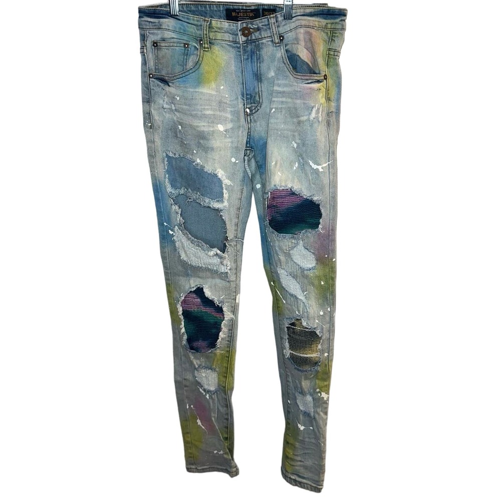 Majestik Mens Stacked Ripped Paint Splatter Jeans Siz… - Gem
